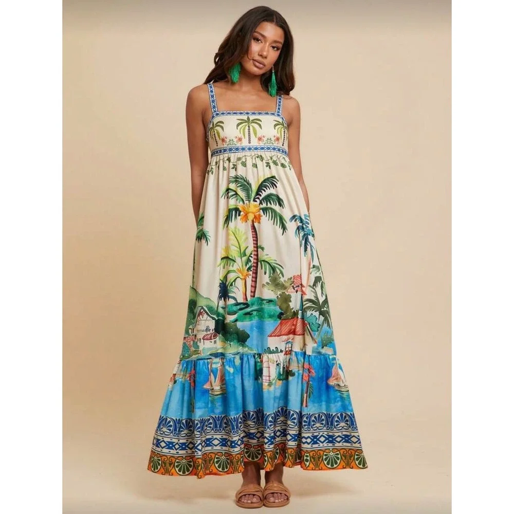 Dresses | Tropical Scenic Print Maxi Dress Palm Tree Coastal Resort ...